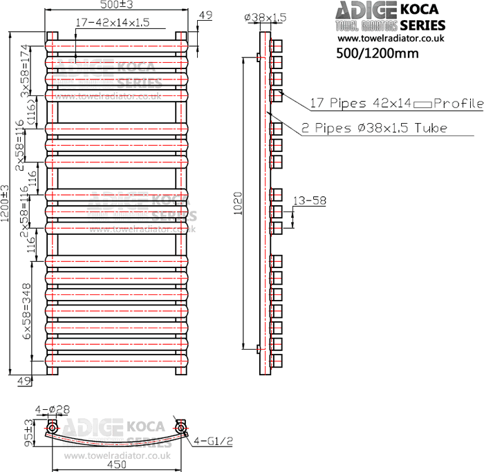 KOCA 500mm Wide 1200mm High Chrome Curved Designer Towel Radiator