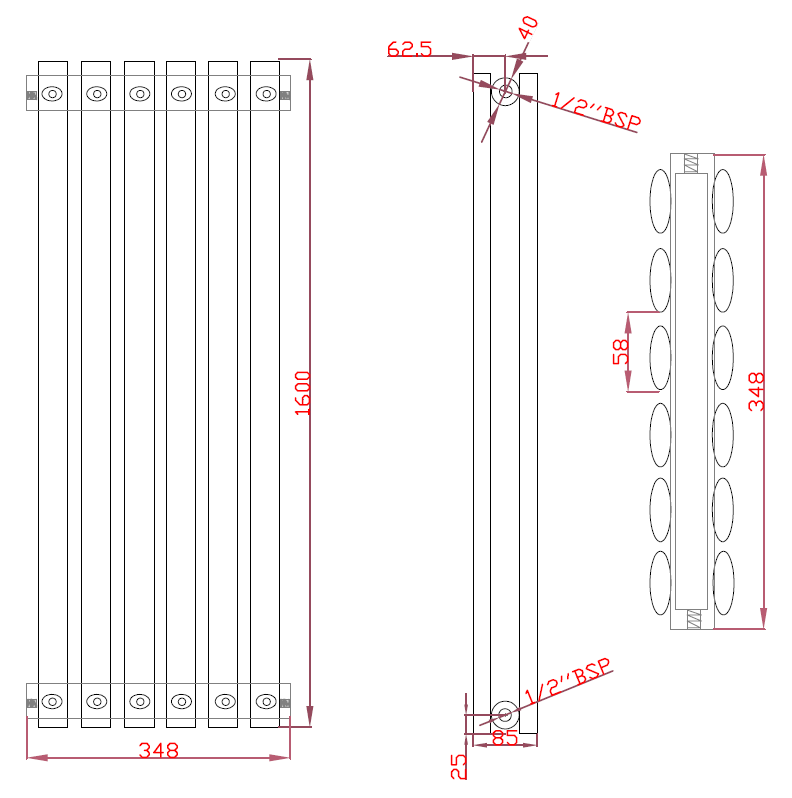 OLIVER 348mm Wide 1600mm High Elliptical Tube Radiator - Anthracite Double