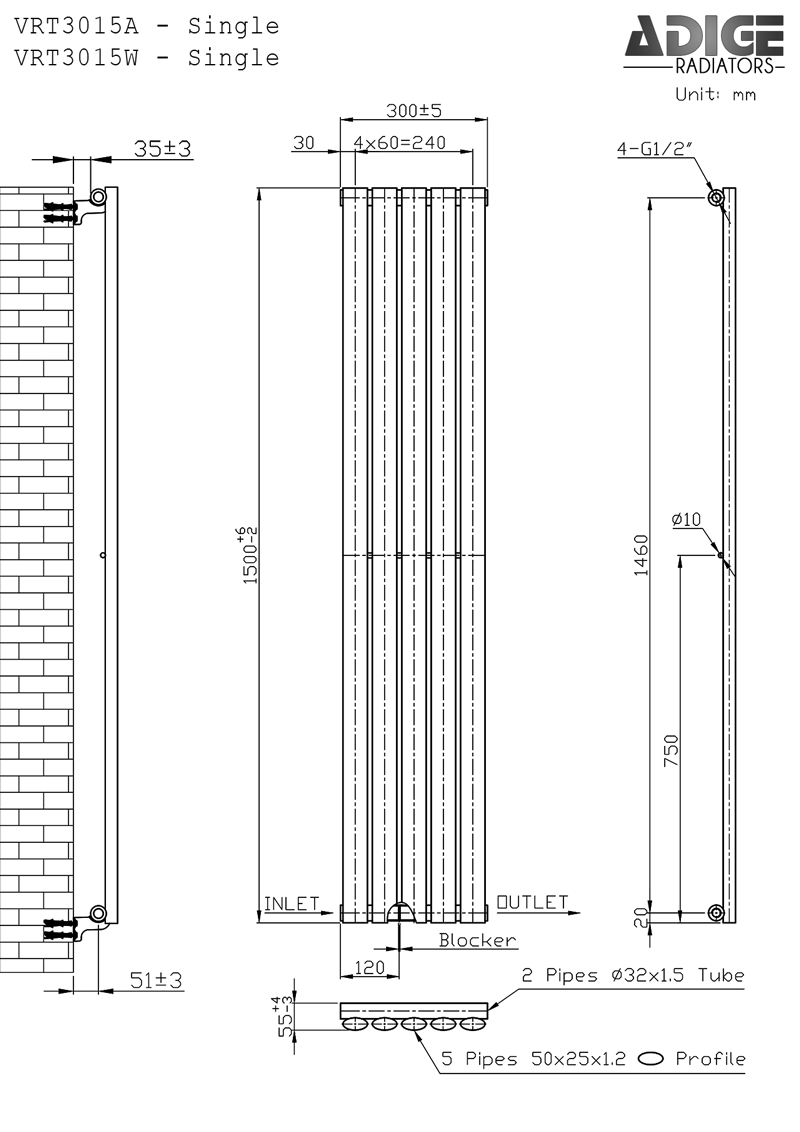 VERTICA 300mm Wide 1500mm High Oval Tube Designer Radiator White Single ...
