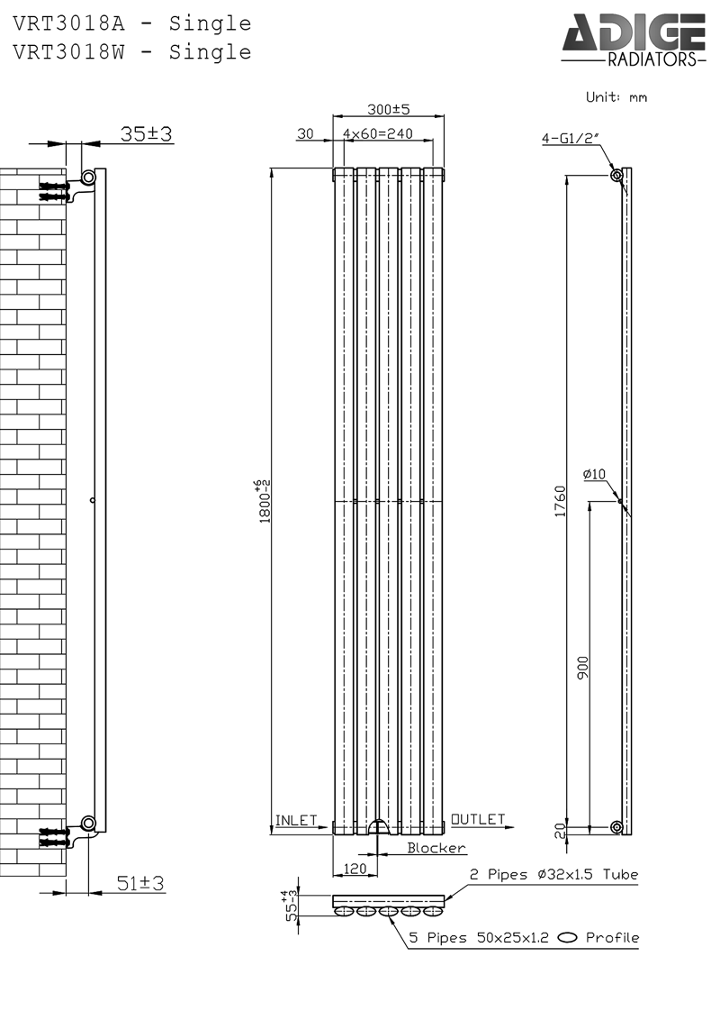 VERTICA 300mm Wide 1800mm High Slim Anthracite Designer Radiator