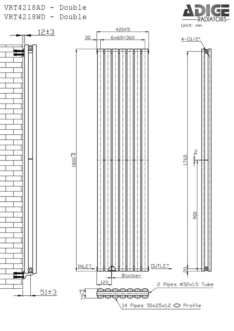 VERTICA 1800x420mm Contemporary Designer Radiator Anthracite Double