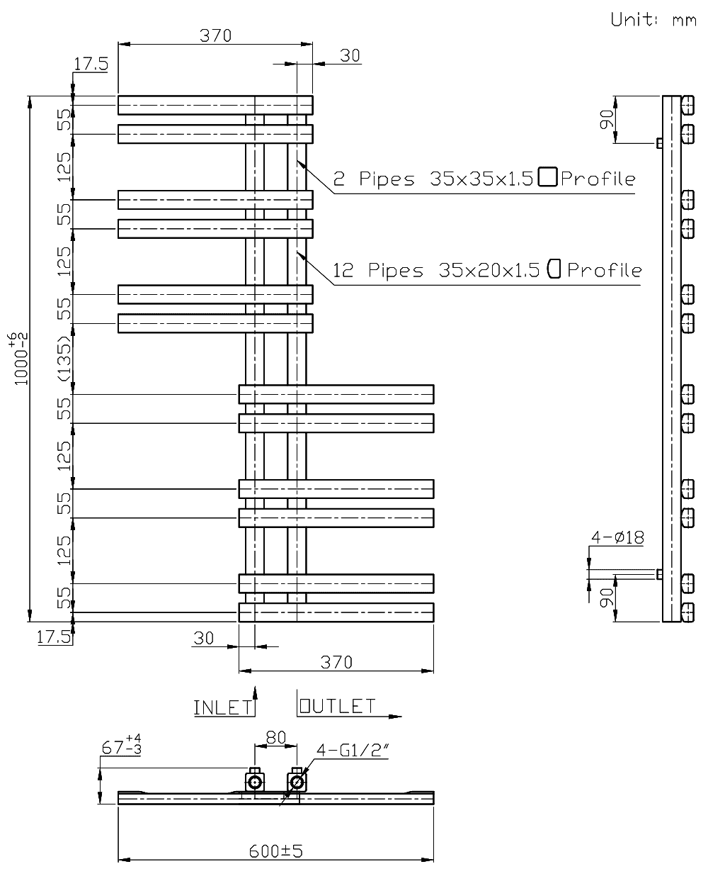 ZHIA Open-Ended Towel Radiator | Chrome, 600x1000mm