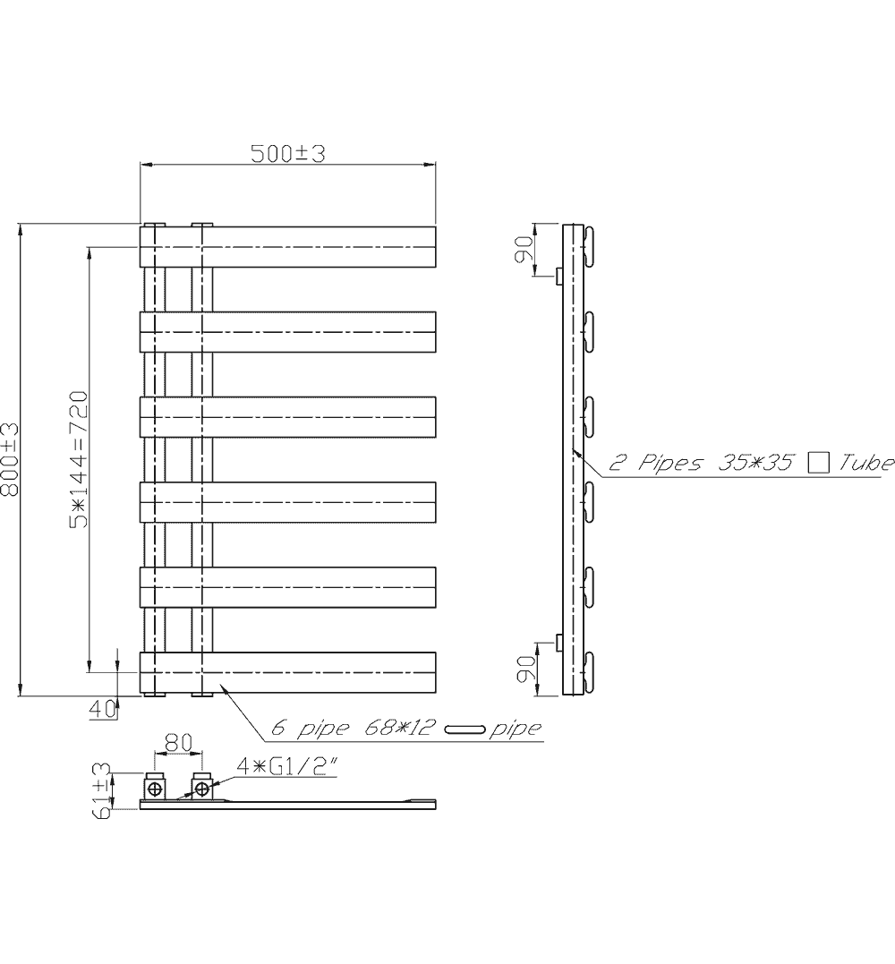 EMRENO Black Towel Radiator | Open-Ended, 500x800mm