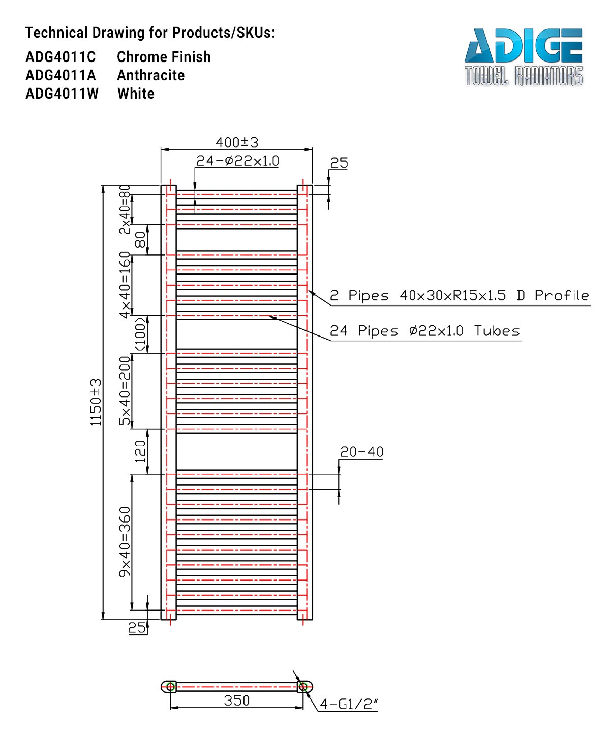 Grey Anthracite Towel Radiator | Narrow & Small, 400x1150mm