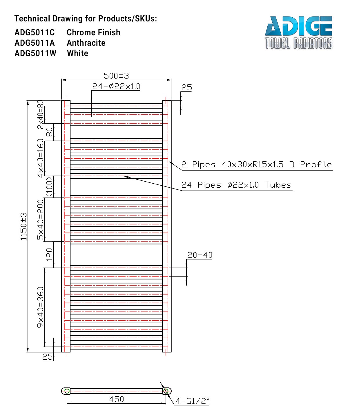 Anthracite Grey Towel Radiator | 500mm Wide, 1150mm High
