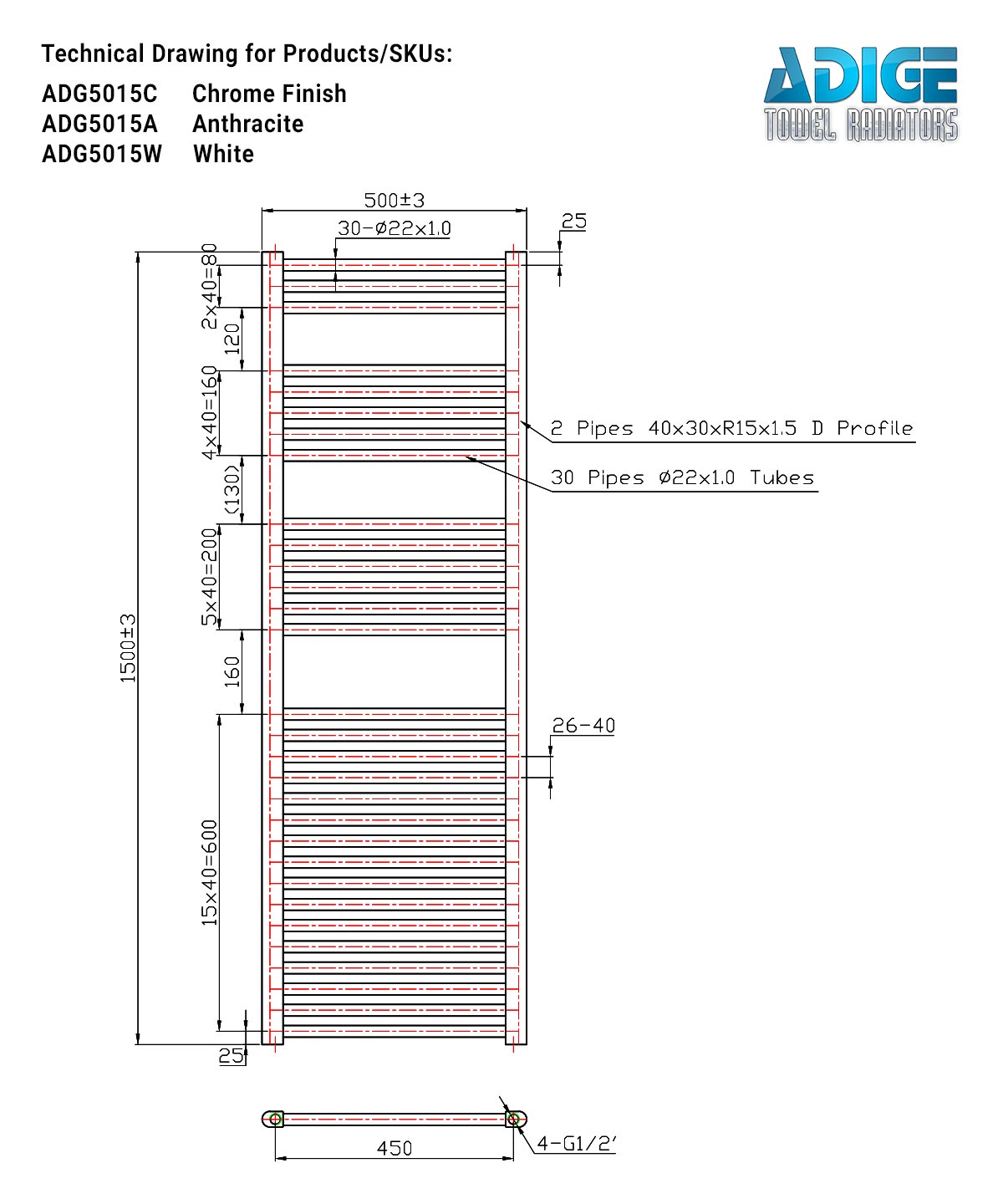 Anthracite Grey Towel Radiator | 500x1500mm, Tall & Large