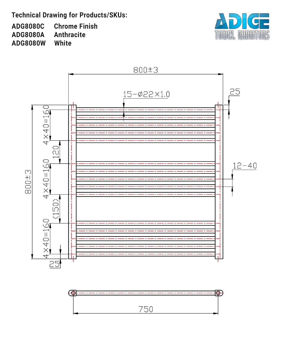800mm Wide Anthracite Grey Towel Radiator | 800mm High