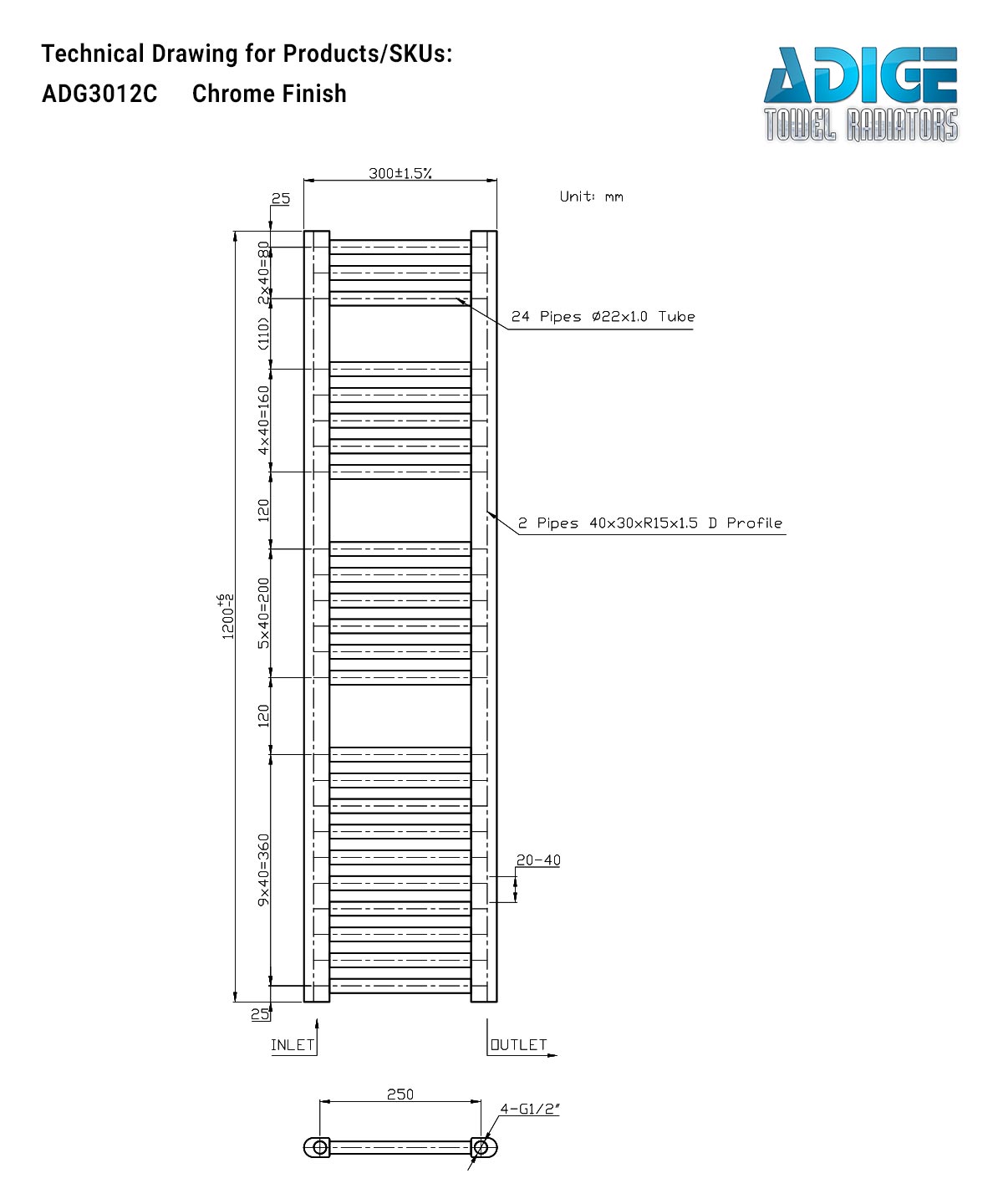 Chrome Towel Radiator | 300mm Wide, 1200mm High by ADIGE